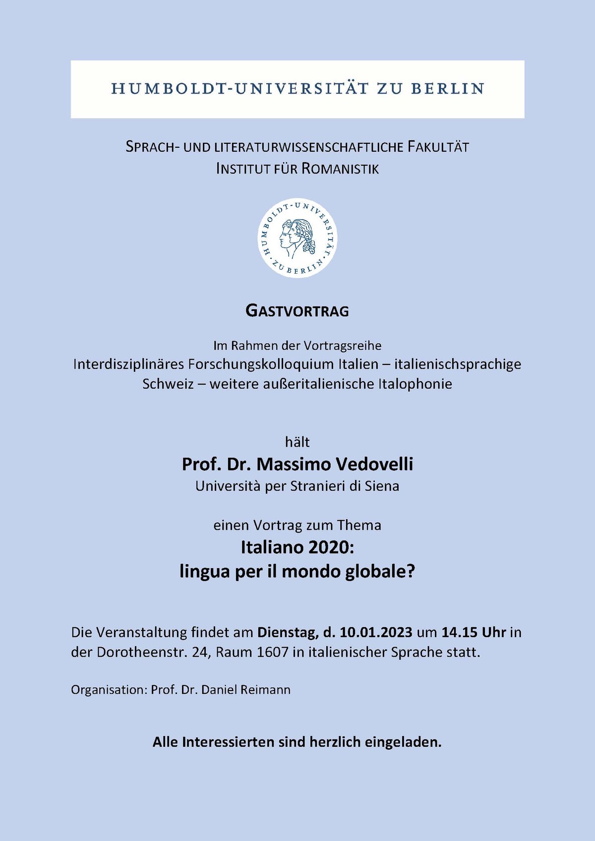 Gastvortrag von Prof. Dr. Massimo Vedovelli am 10.01.2023 — Institut für Romanistik